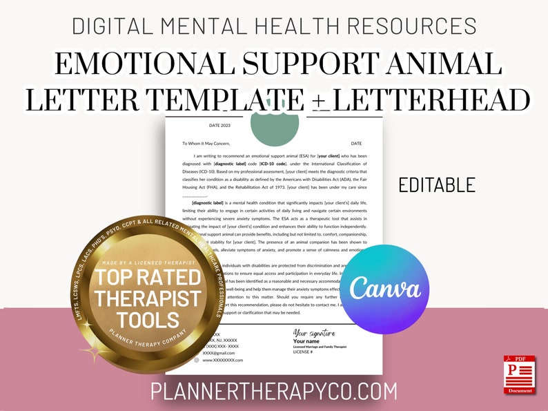 Emotional Support Animal Letter Template: Therapist Letterhead (PDF) - Etsy