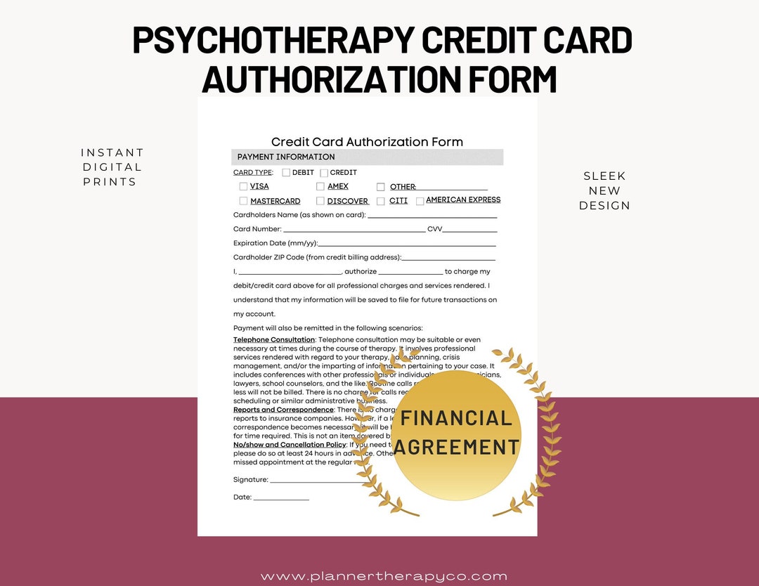 Credit Card Authorization Form for Therapists, Printable Template ...