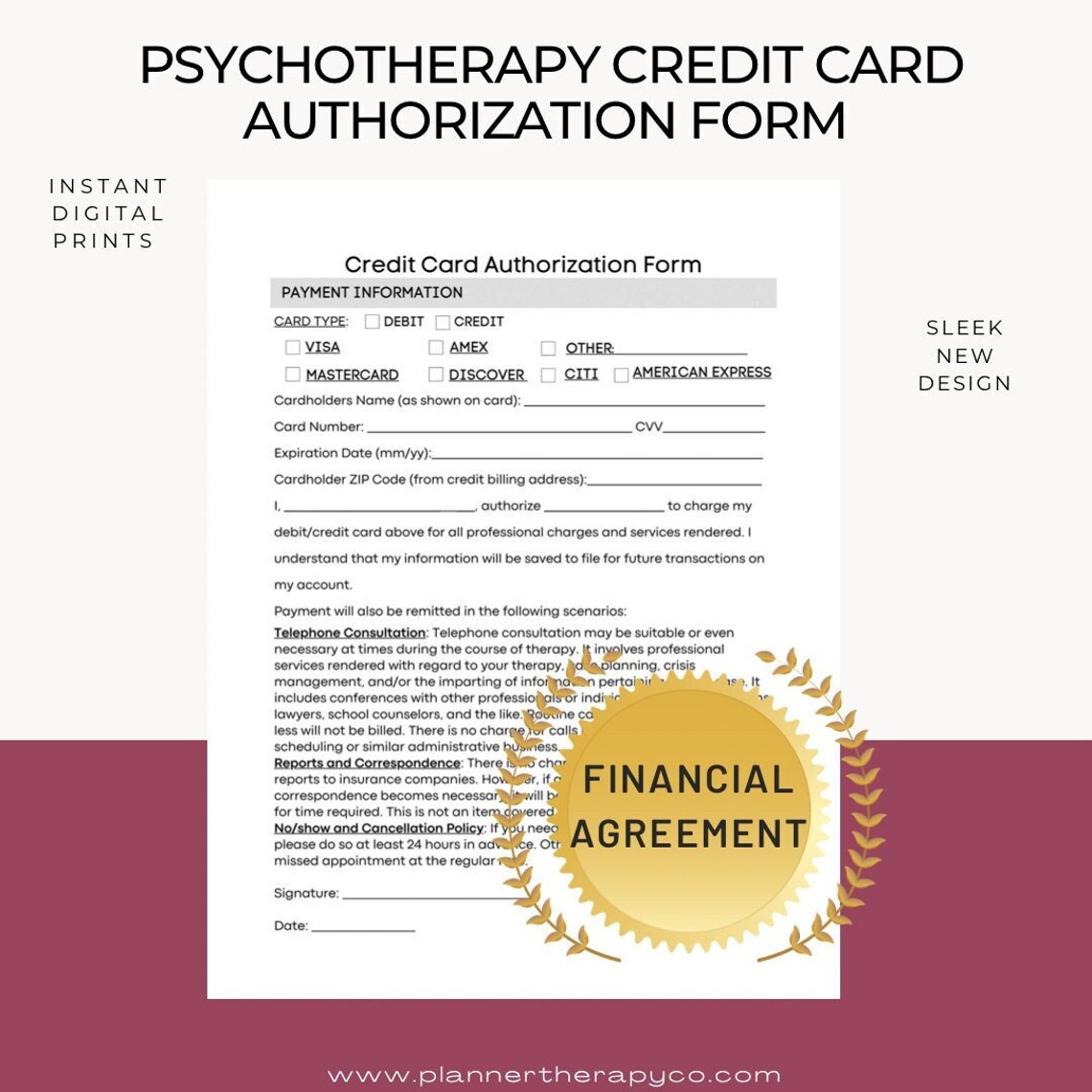 Credit Card Authorization Form for Therapists, Printable Template ...