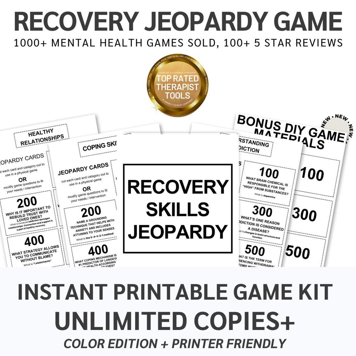 Recovery Skills Jeopardy Game: Mental Health Therapy (printable ...