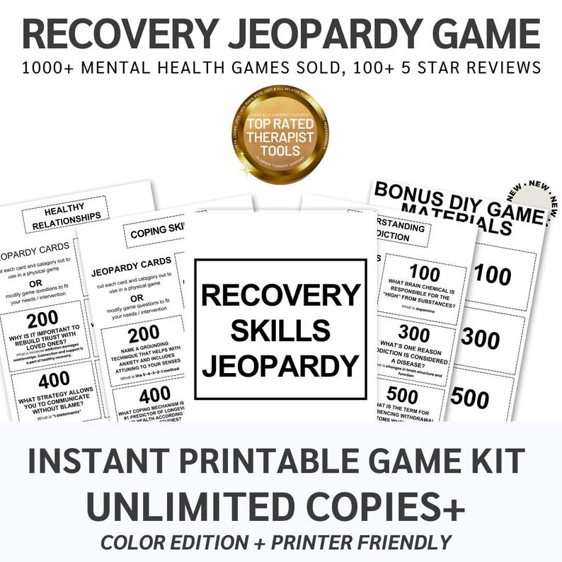 Recovery Skills Jeopardy Game: Mental Health Therapy (printable ...