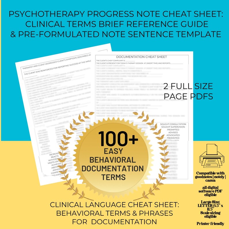 PSYCHOTHERAPY PROGRESS NOTE Cheat Sheet, Clinical Terms Reference Guide ...