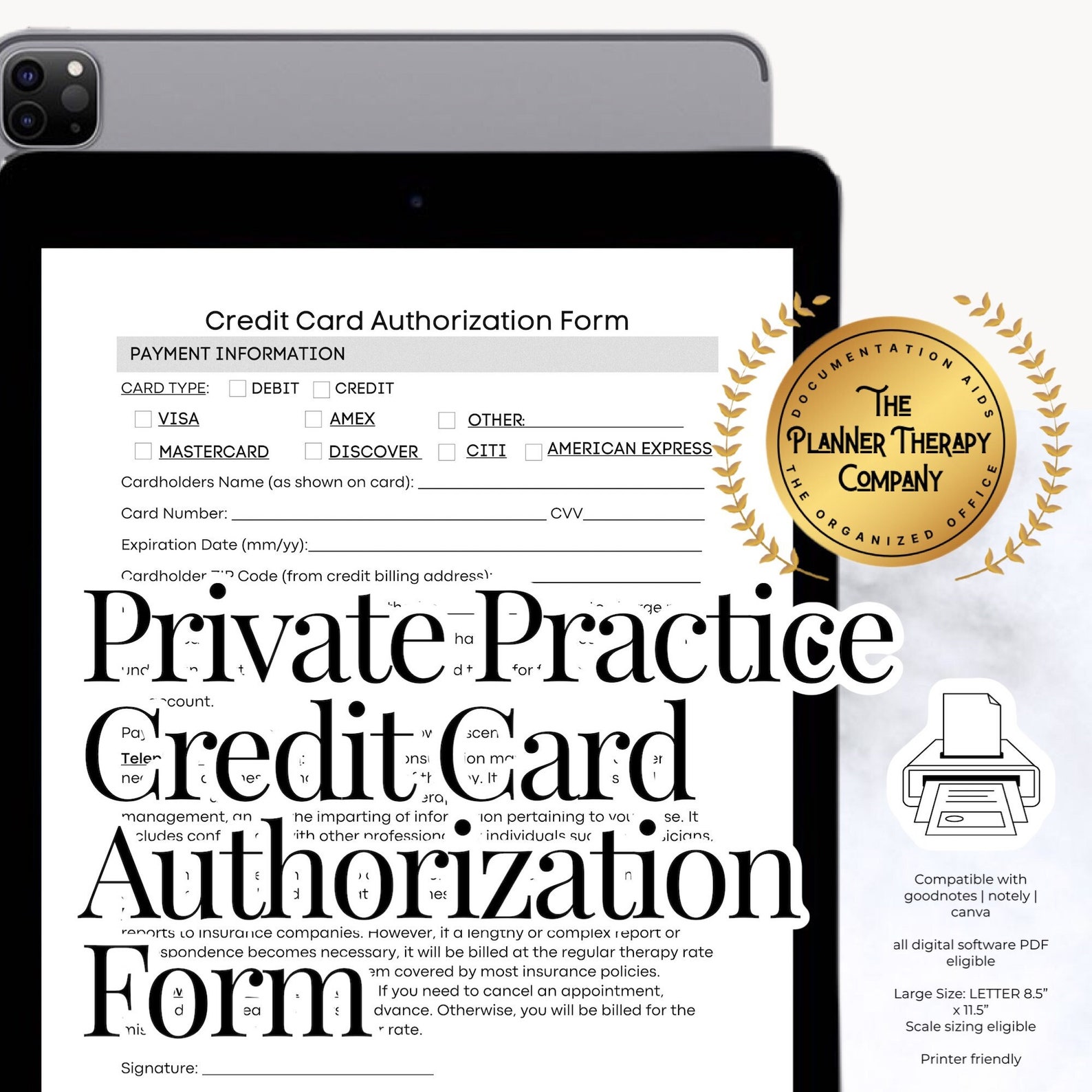 Credit Card Authorization Form for Therapists, Printable Template ...