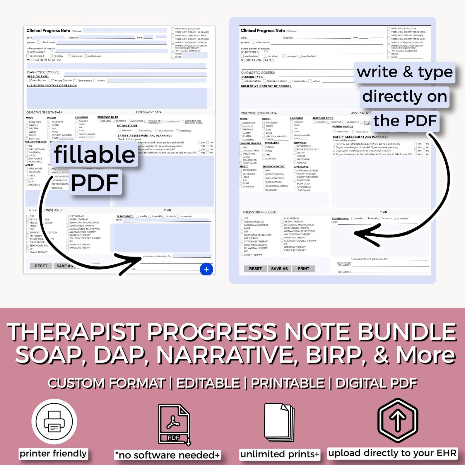 New Progress Notes for Therapists, Printable & Fillable Template ...