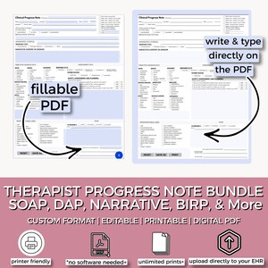 New Progress Notes for Therapists, Printable & Fillable Template ...