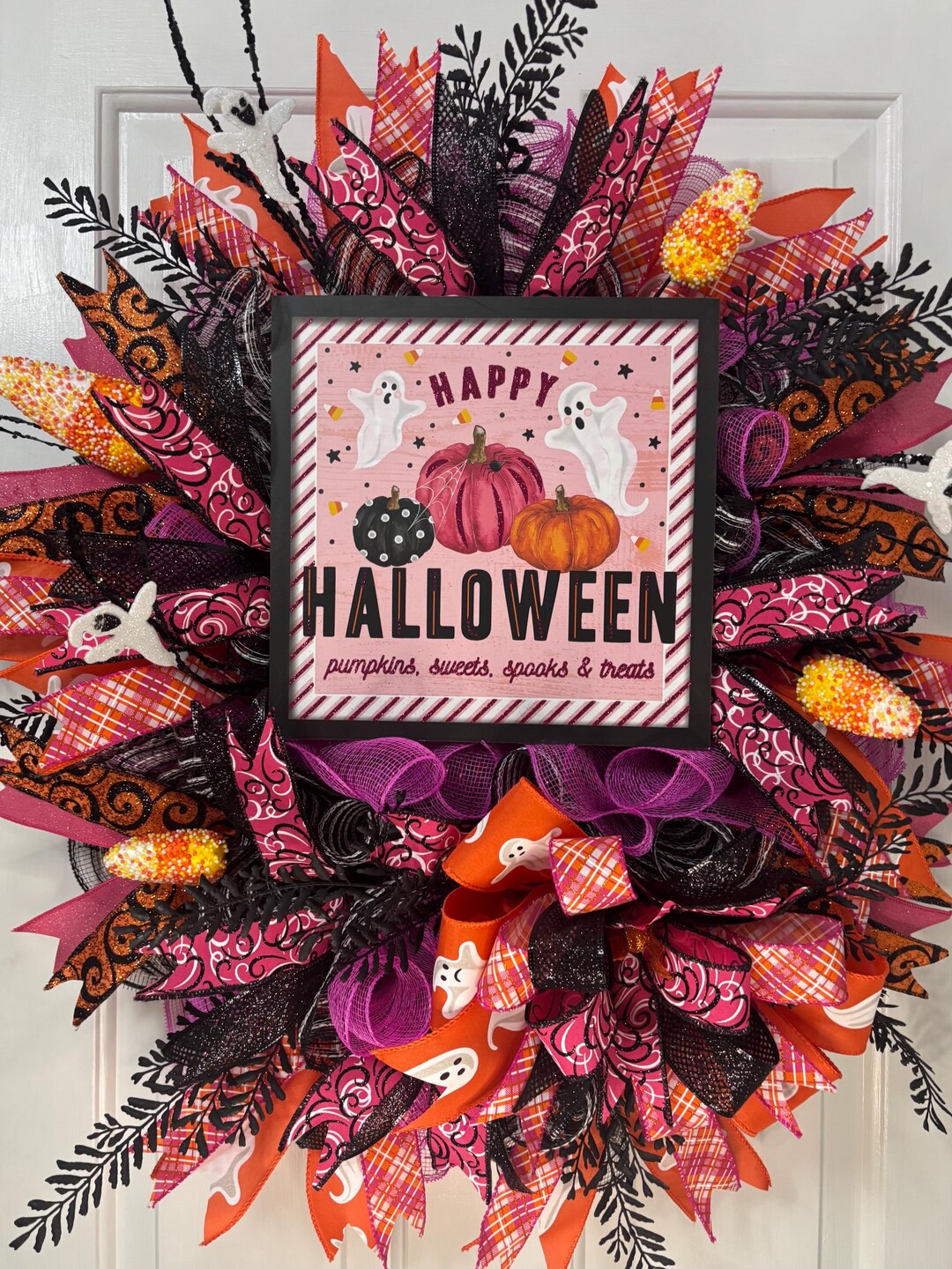 Pink Halloween Wreath: Candy Corn, Ghosts & Pumpkins - 'happy Halloween ...