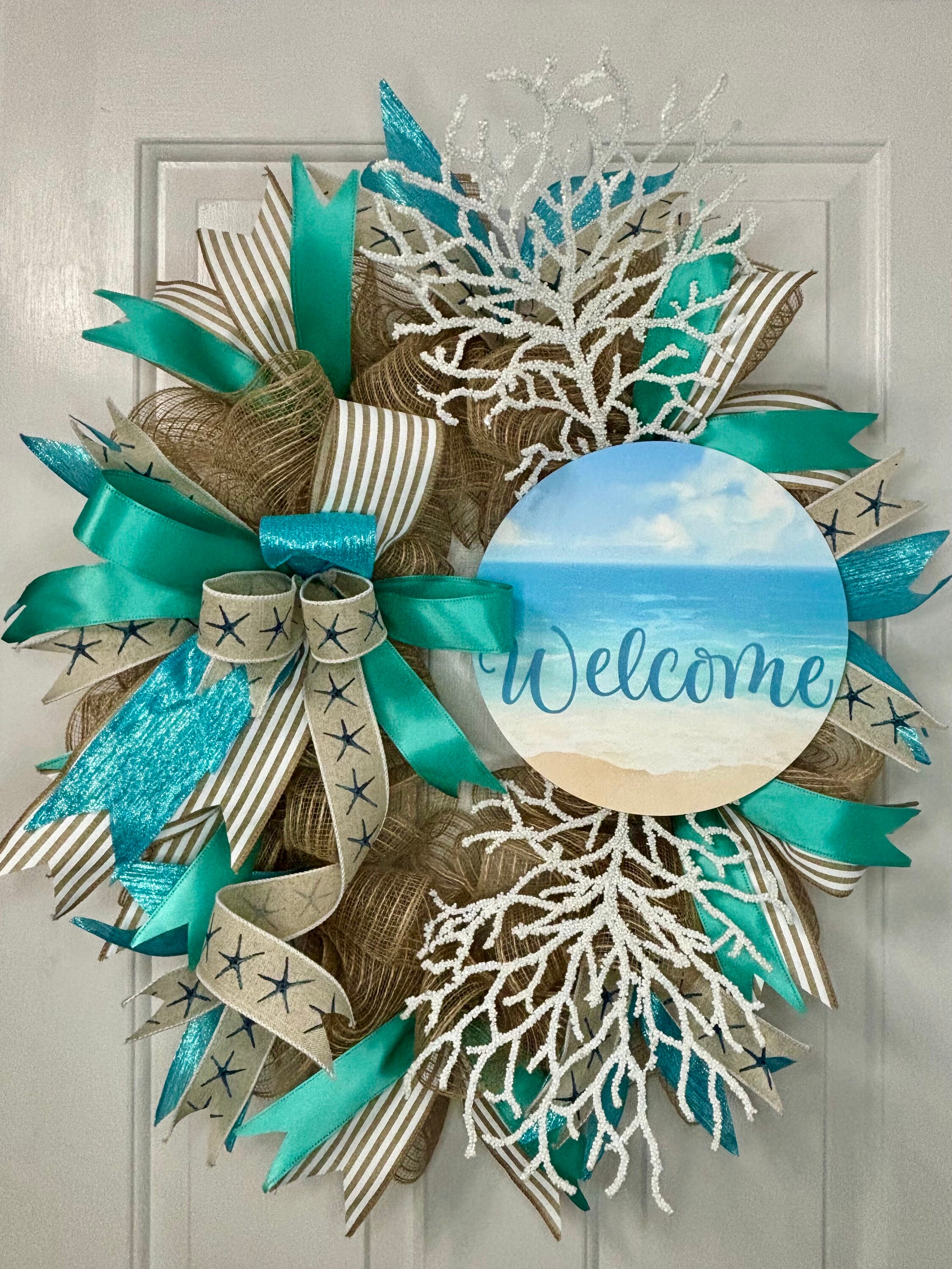 Beach Wreath for Front Door, Welcome Beach Wreath, Beach Wreath, Burlap ...