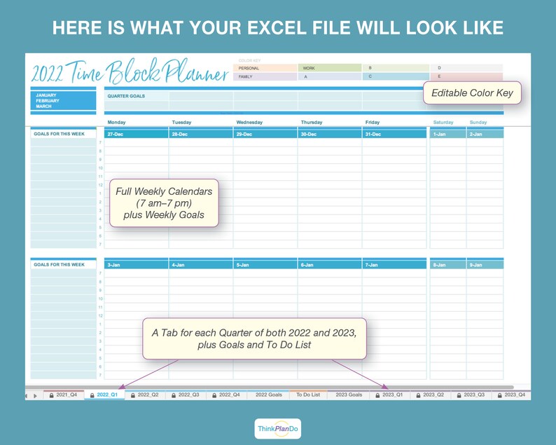 2022-23 Excel Time Block Plannerplus December 2021hourly Time ...