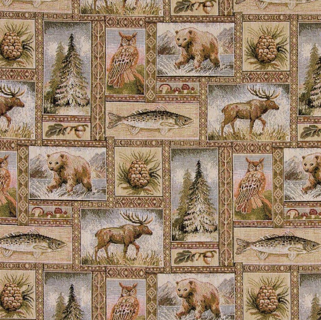 Rustic Bears Moose Trees Acorns and Fish Themed Tapestry Upholstery ...