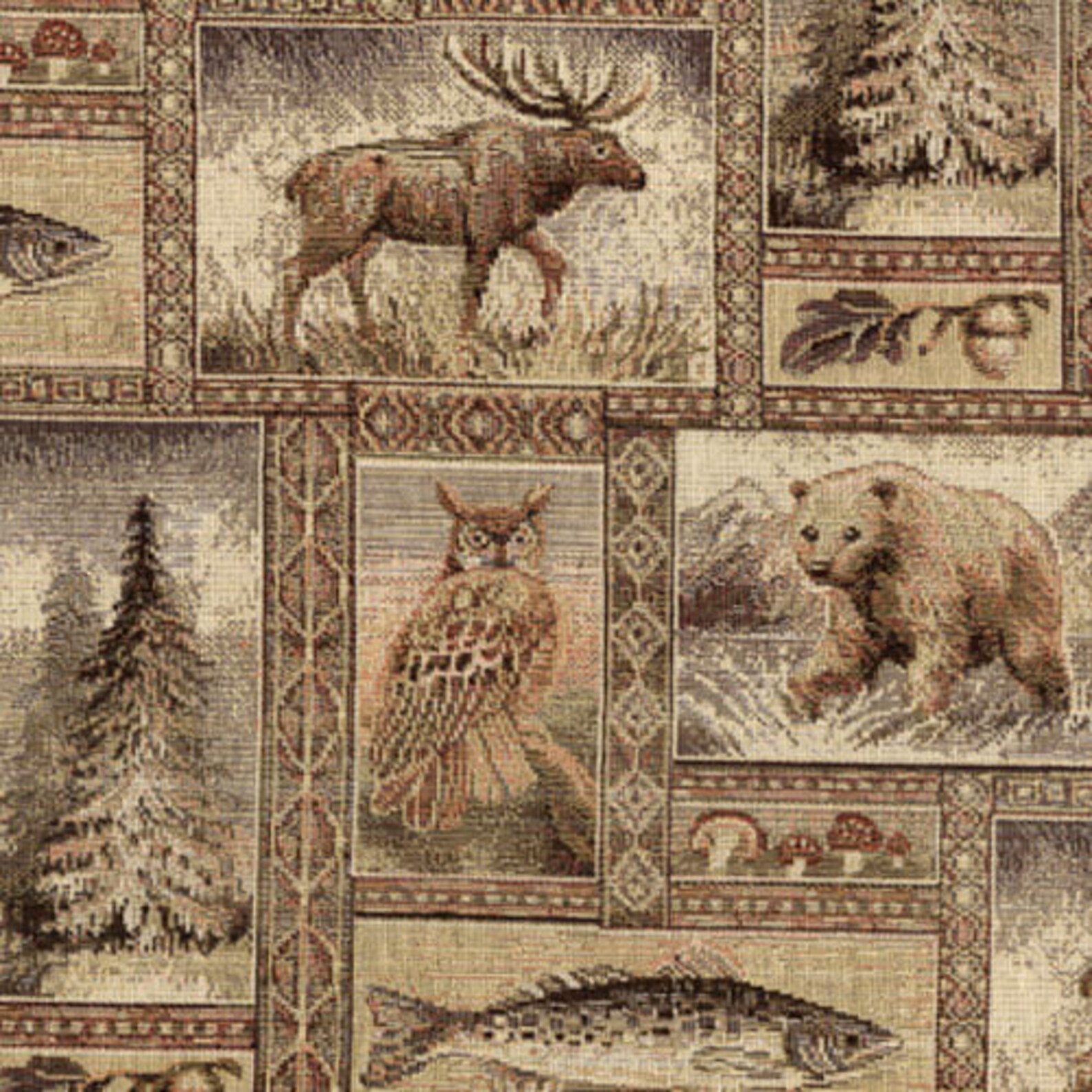 Rustic Bears Moose Trees Acorns and Fish Themed Tapestry Upholstery ...