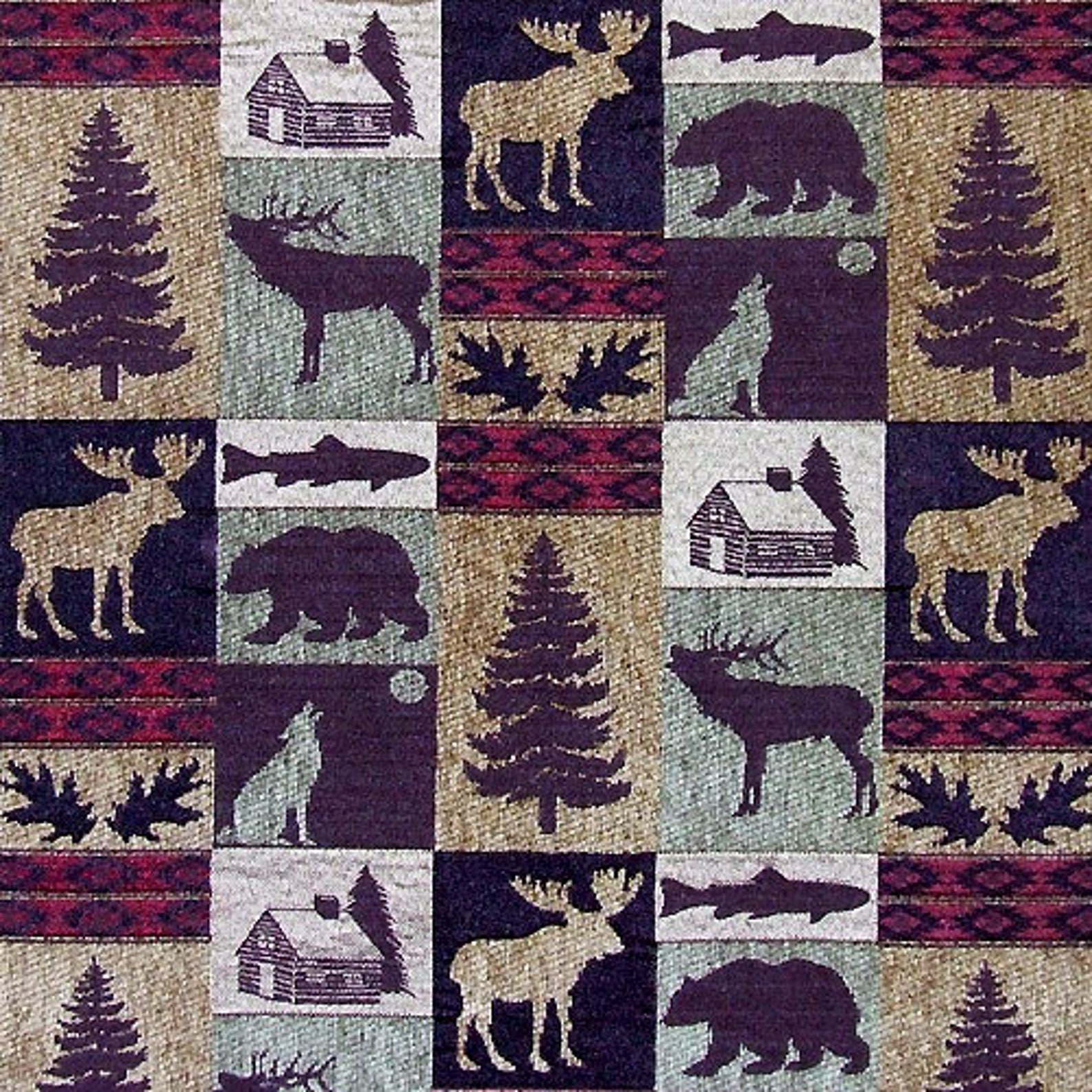 Upholstery Fabric FAIRBANKS EVERGREEN LODGE Cabin Rustic Fish Bear ...