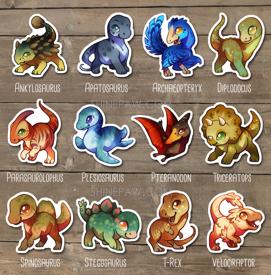 Cute Dinosaur Sticker Set - Ankylosaurus Apatosaurus Archaeopteryx ...