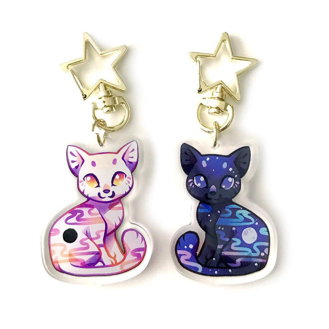 Eclipse & Full Moon Cat Keyring Charm Clear Double Sided Acrylic ...
