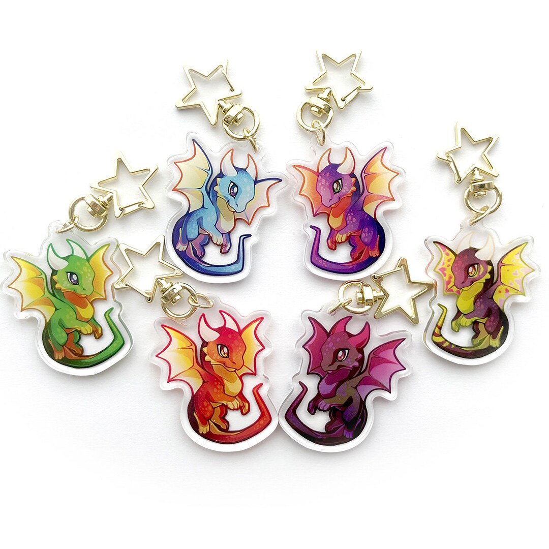 Dragon Keychain Charm Set - Clear Double Sided Acrylic Keyring Charms ...