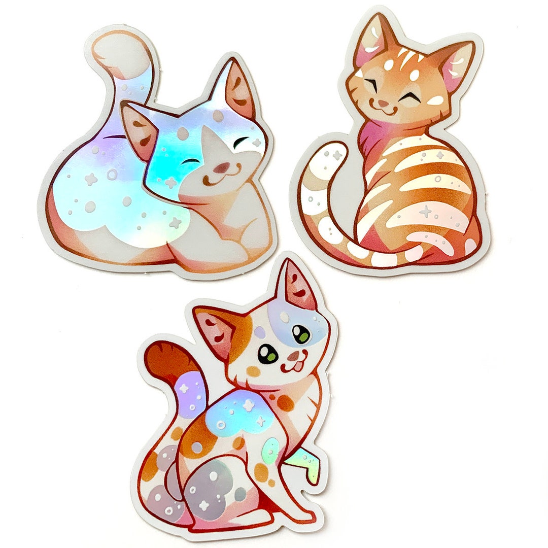 Holographic Cat Sticker Set - Rainbow Color Effect Animal Stickers With ...