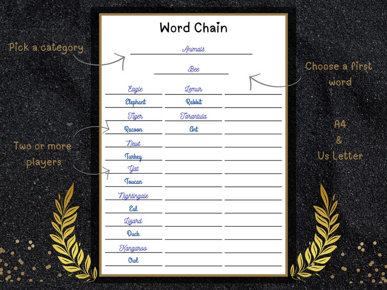 Printable Kids Game, Word Chain Game, Pen and Paper Game, School Game ...