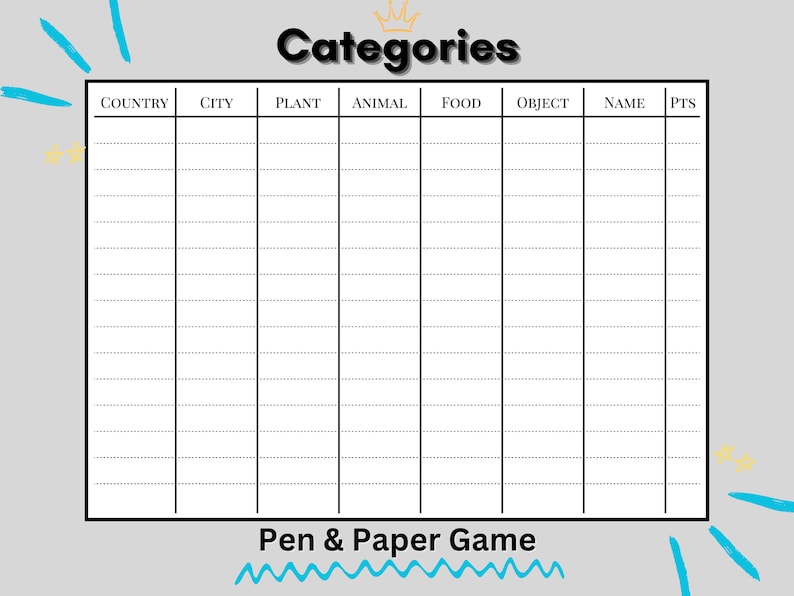Printable Kids Game, Categories Game, Pen and Paper Game, School Game ...