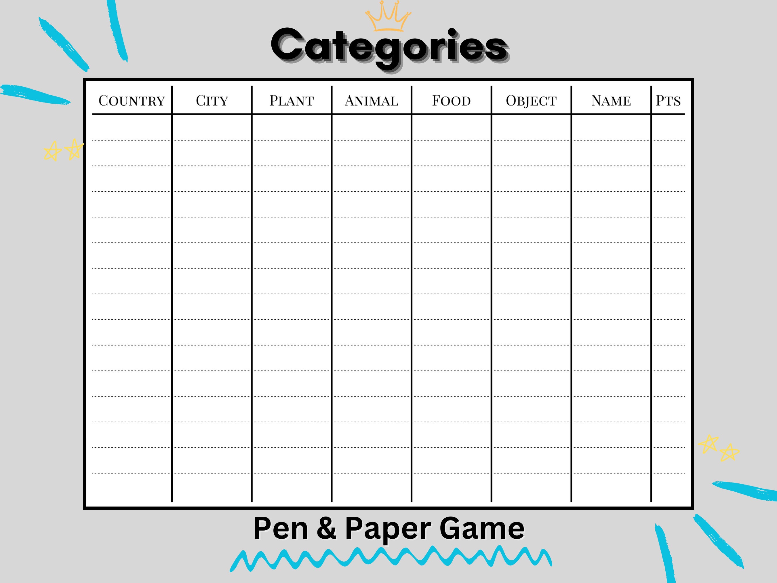 Printable Kids Game, Categories Game, Pen and Paper Game, School Game ...