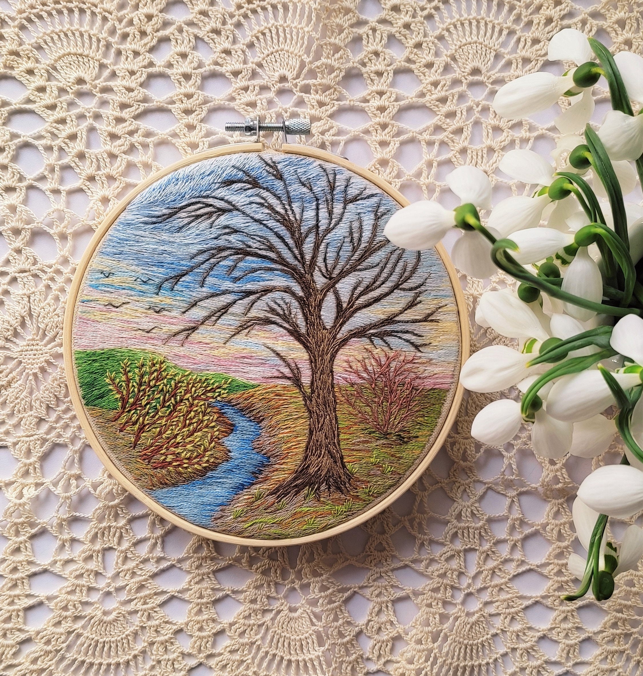 Landscape Embroidery, Spring Decor, Thread Painting, Embroidery Art ...