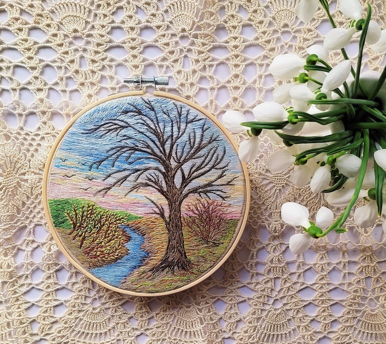 Landscape Embroidery, Spring Decor, Thread Painting, Embroidery Art ...