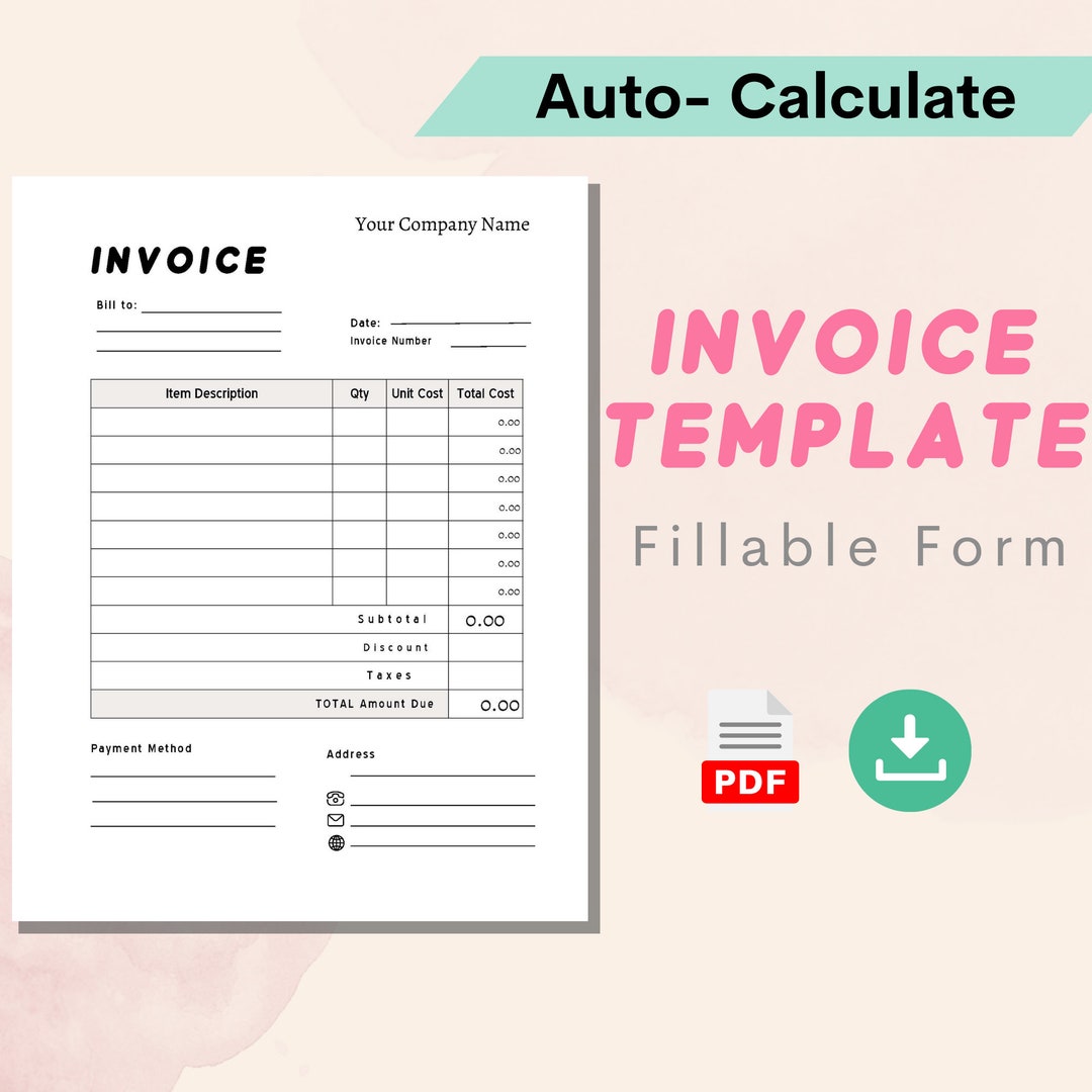Invoice Template for Small Business Fillable PDF Form With Automatic ...