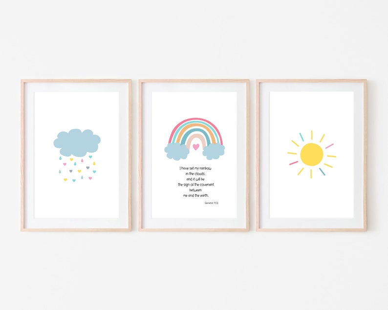 Rainbow Sun Cloud Rain Wall Art Set of 4 Wall Rainbow Nursery Wall ...