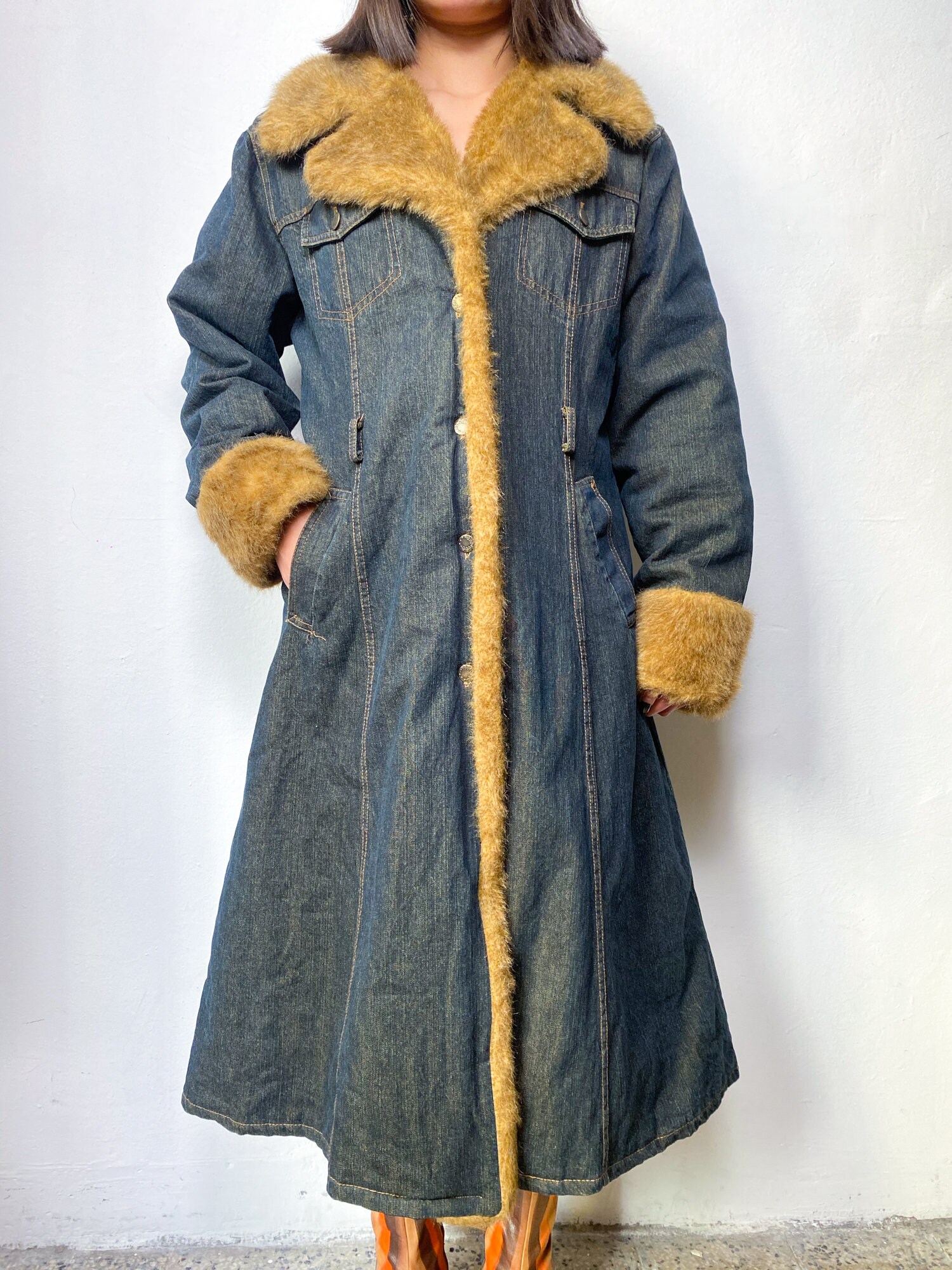 2000s Denim Trench Coat, Vintage Padded Long Jeans Jacket With Faux Fur ...
