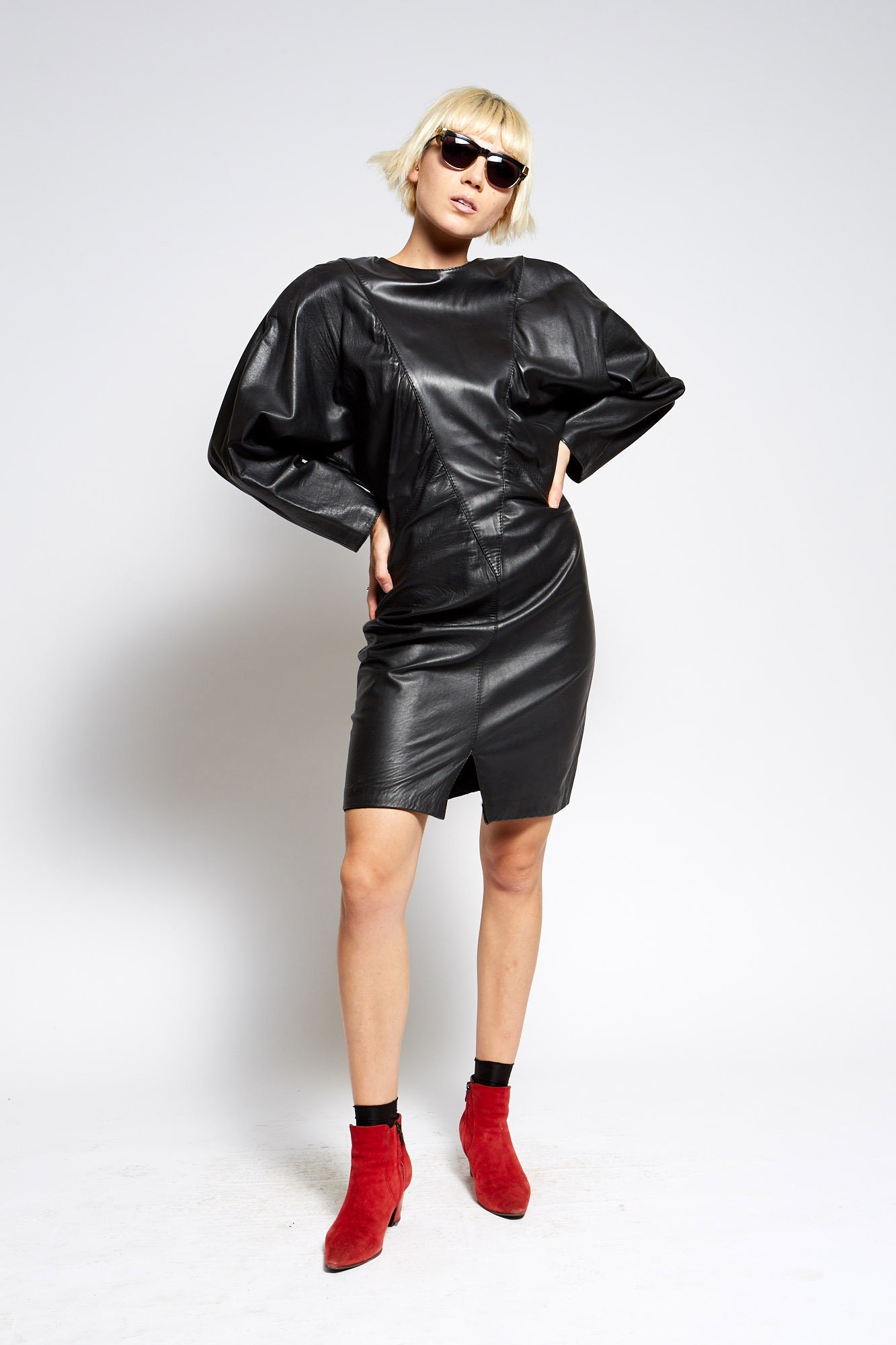 REAL LEATHER Vintage Batwing Rocker DRESS 1980s Outstanding - Etsy