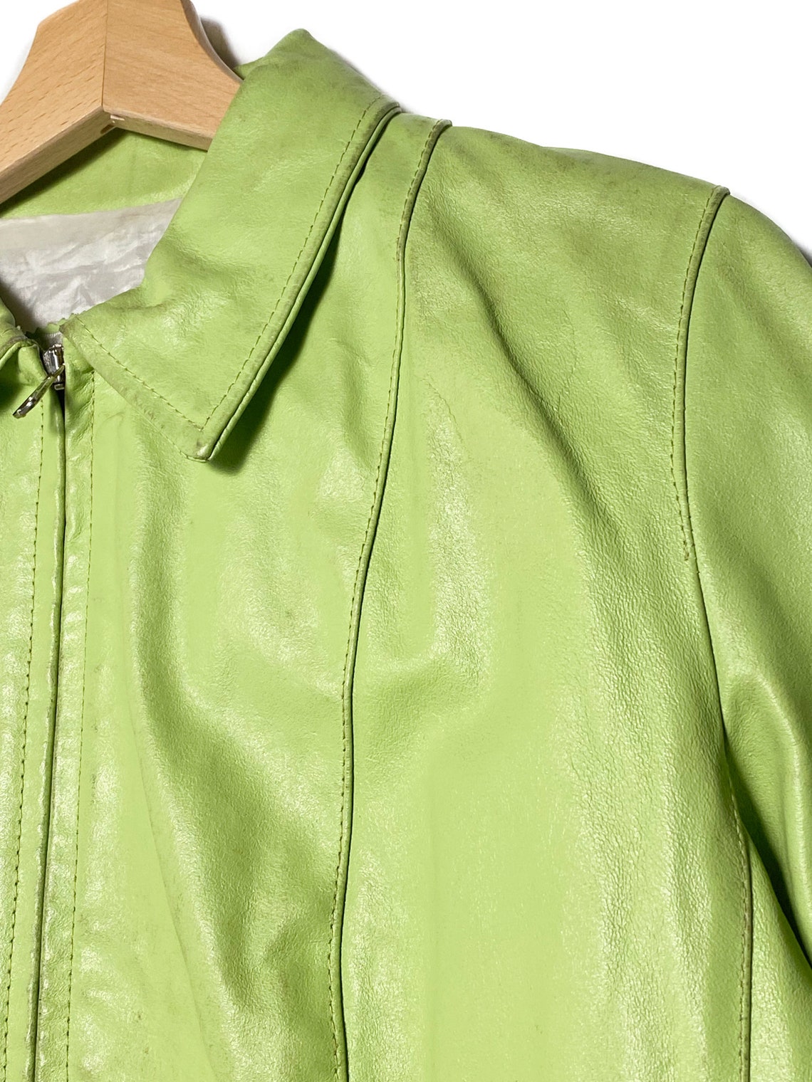 Y2K Lime Green Minimalist Leather Biker, Boxy Cropped Fit - Etsy