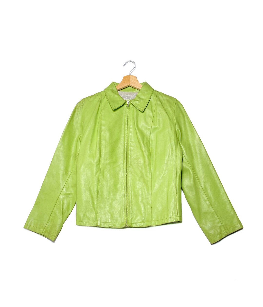 Y2K Lime Green Minimalist Leather Biker, Boxy Cropped Fit - Etsy