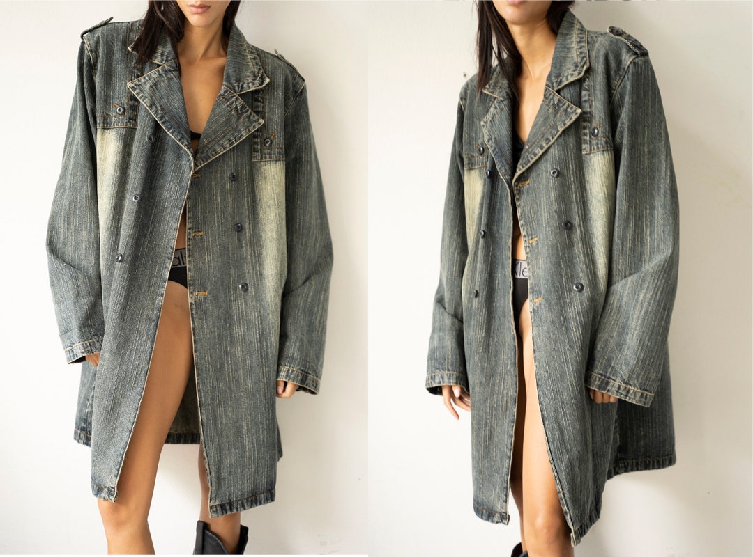 2000s Distressed Denim Trench Coat, Vintage Double-breasted Long Jeans ...