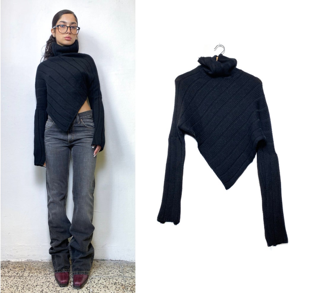 Y2k Aesthetic Ribbed Sweater, 2000s Vintage Asymmetric Turtle Neck ...