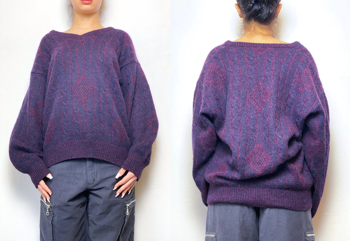 70s 80s Alpaca Braids Jumper, VINTAGE Blue Purple Oversize Sweater. Quality Alpaca Wool Braid ...