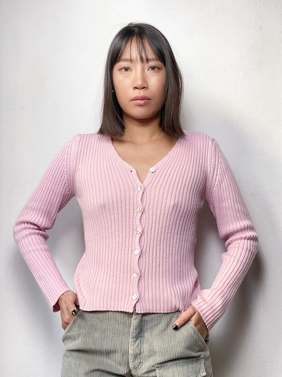 y2k Aesthetic ribbed sweater, 2000s vintage baby pink… - Gem
