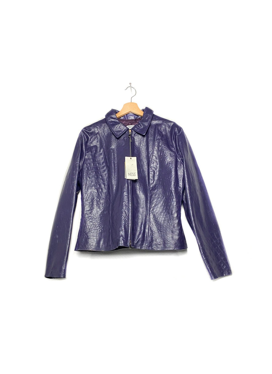 Y2K Violet Crocodile Printed Leather Biker, 1990s Minimal Biker Jacket ...