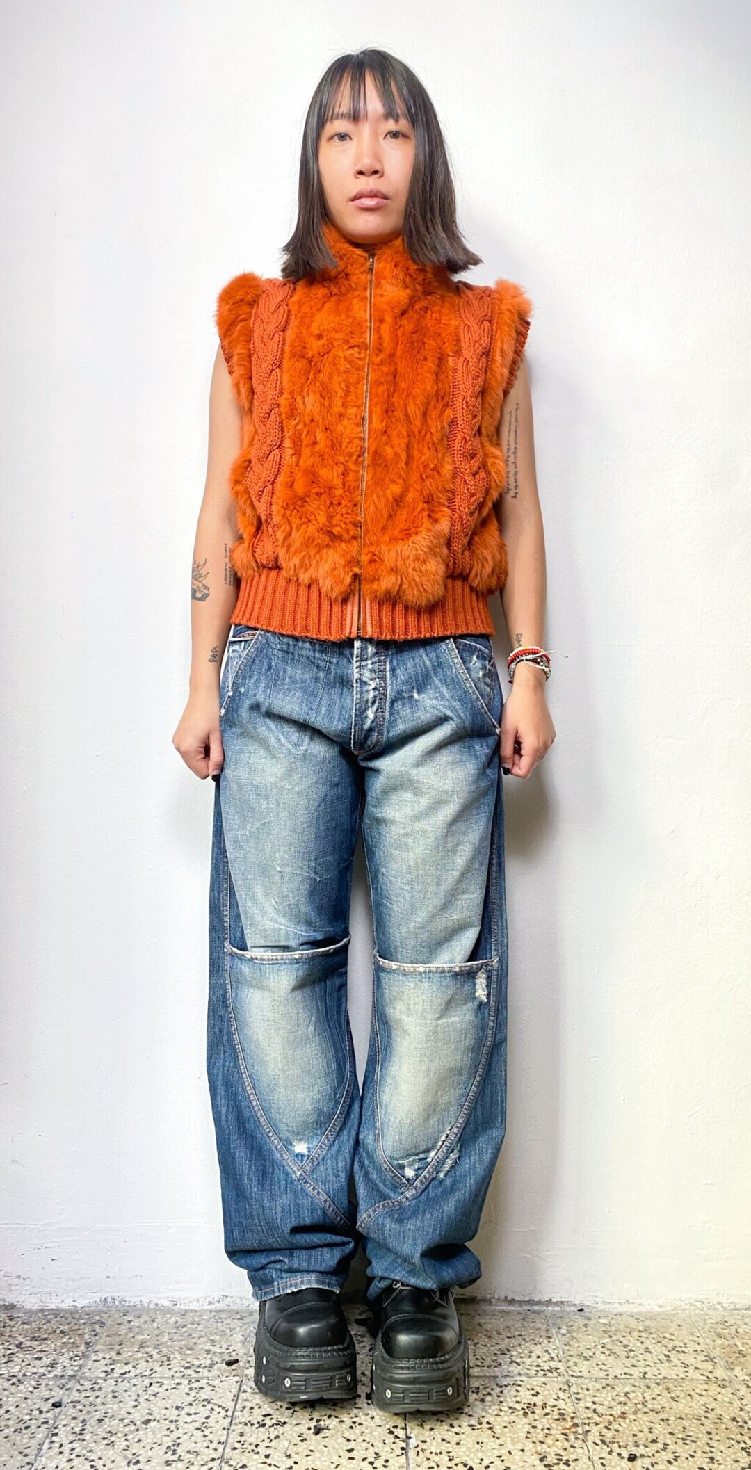 Y2k Rabbit Fur & Wool Braids Zipped Vest, Stand Collar Rust Sleeve Less ...