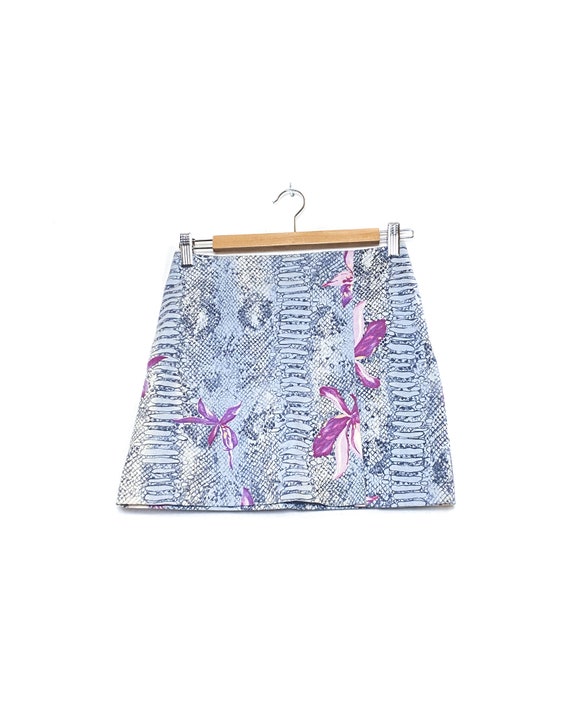 2000s denim printed mini skirt, vintage multigraphic … - Gem