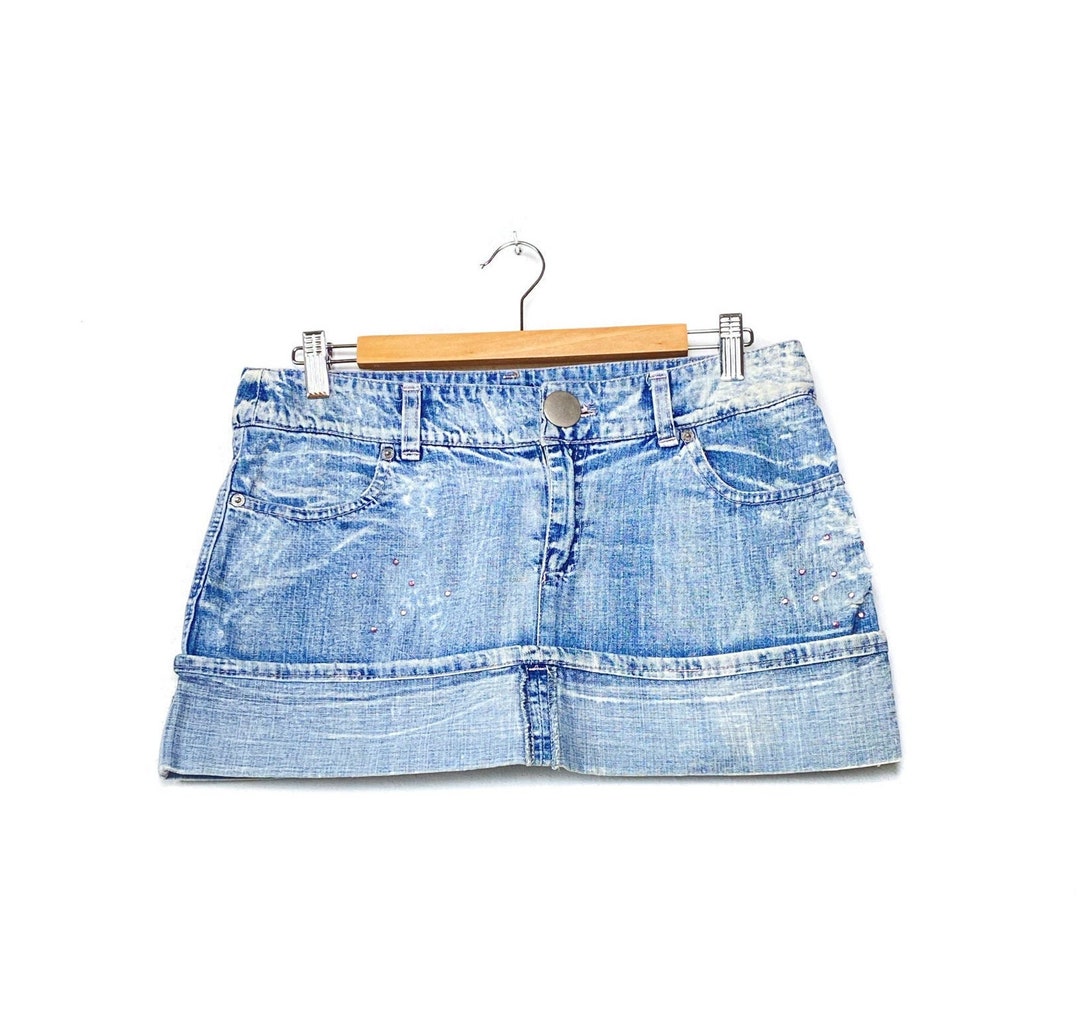 2000s Vintage Denim Mini Skirt, Front Pink Strass and Pink Back Pocket ...