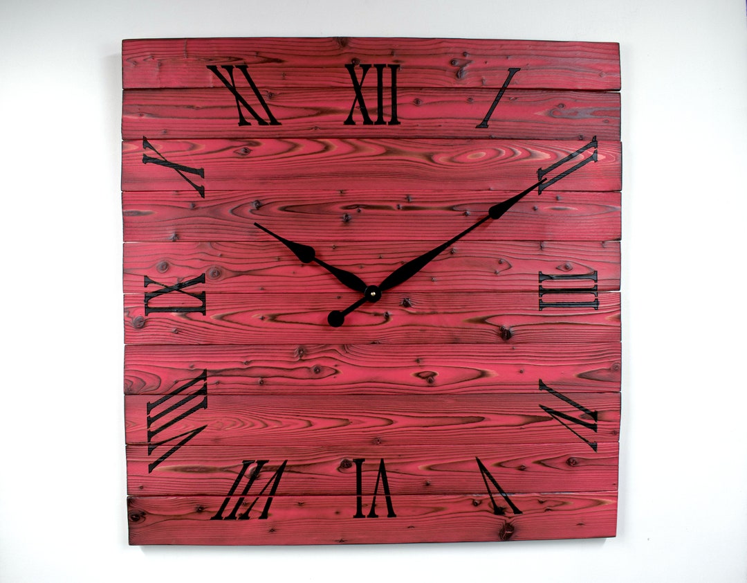 Square Wall Clock, 12" to 30", Bright Red Wooden Wall Clock, Oversized ...