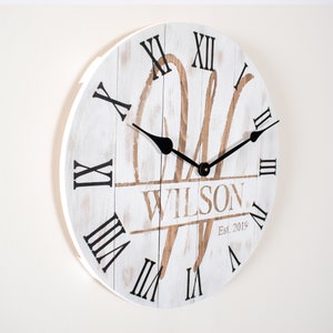 Monogram Wood Wall Clock, Whitewash Distressed Clock, Personalized ...