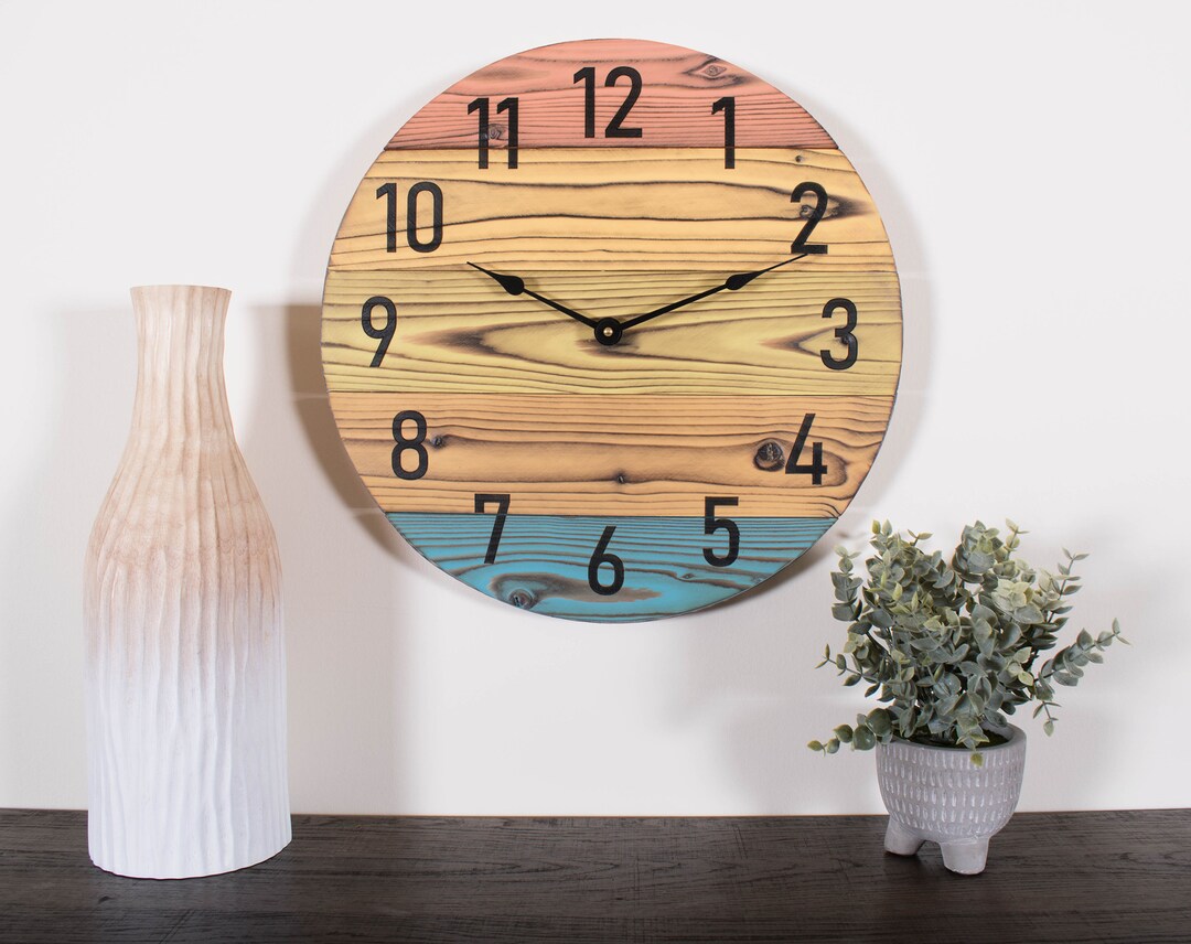 Large Handmade Rustic Wood Wall Clock, Colorful Solid Wood Handcrafted ...