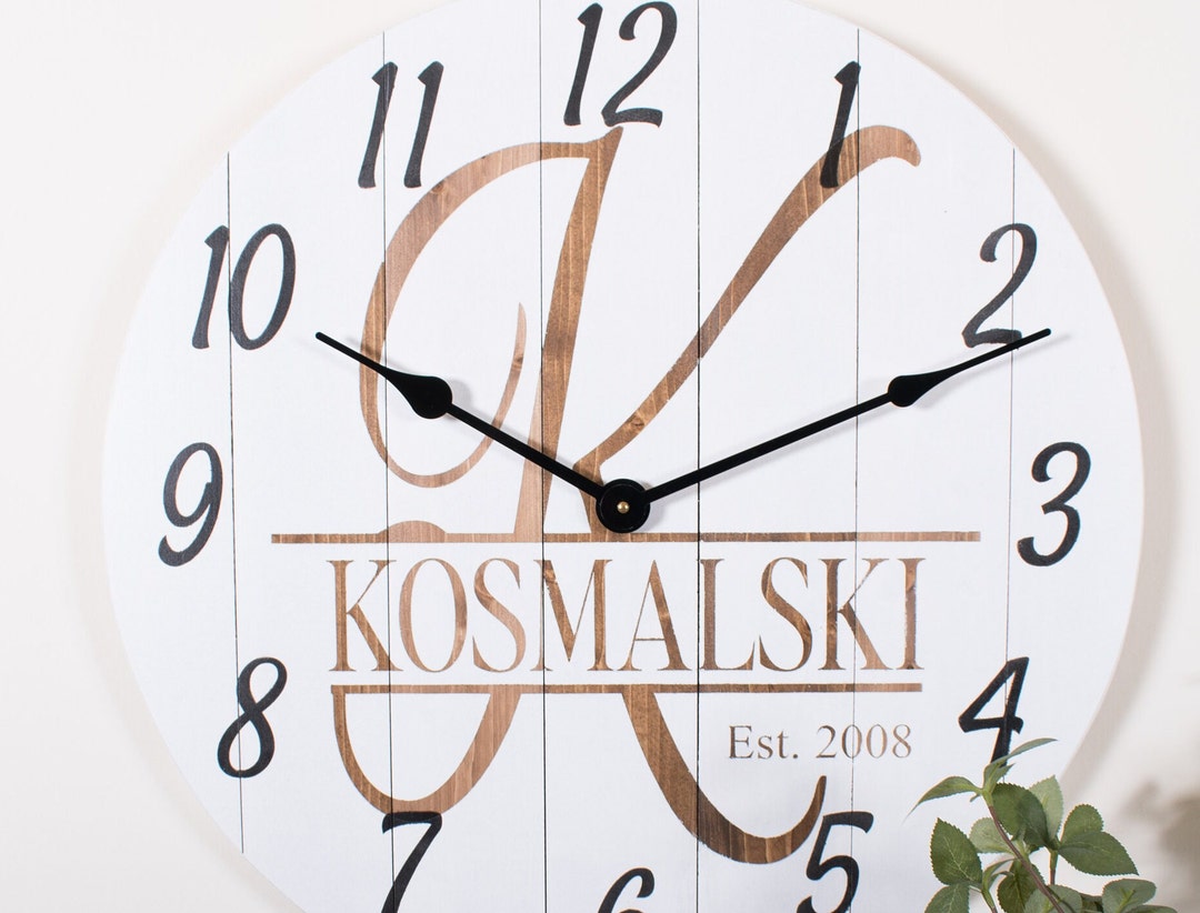 White Hand-painted Monogram Wood Wall Clock, Wedding or Anniversary ...