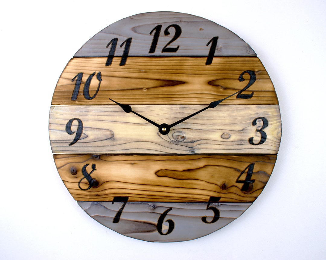 Handmade Wood Wall Clock, 12" to 30", Gray Tan Scorched Rustic Clock ...