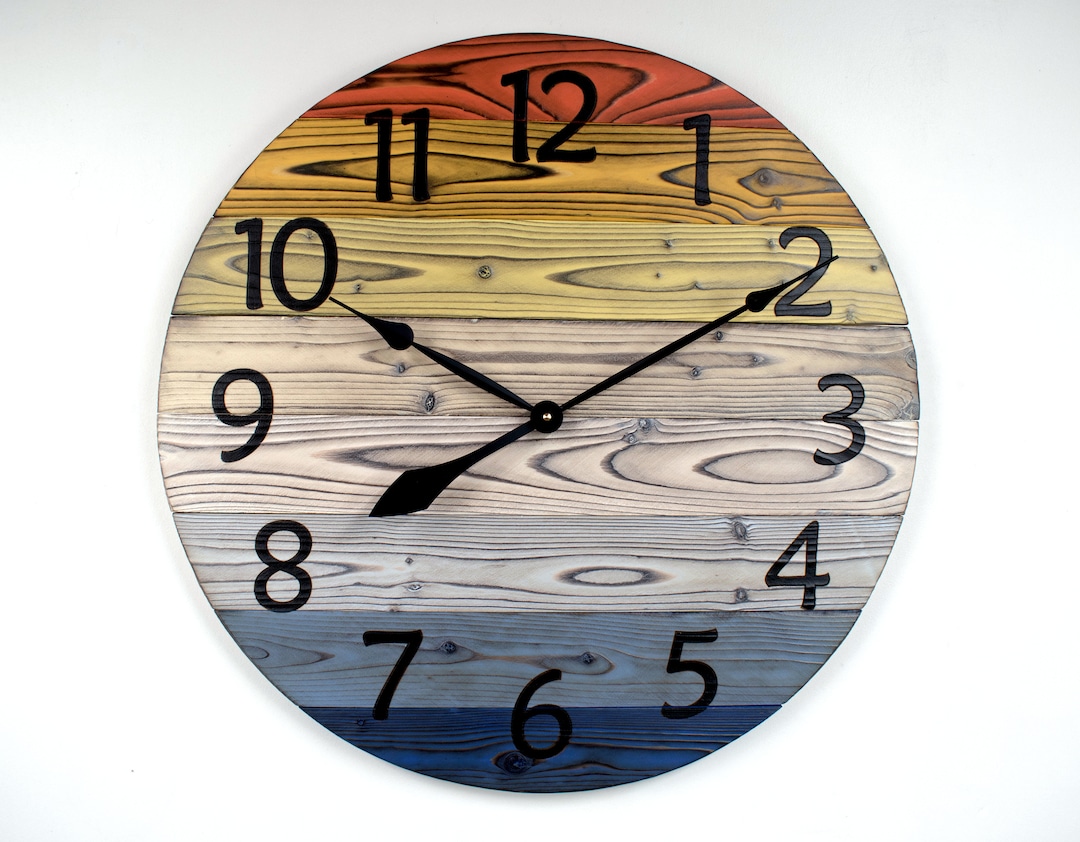 Handmade Wood Wall Clock, 12" to 30", Sunrise Colors, Rustic Clock ...
