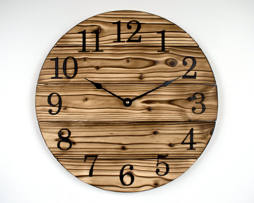 Fire Scorched Unstained Wood Wall Clock, Natural Grain Wooden Wall ...