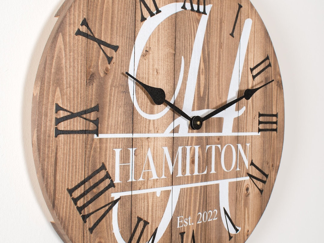 Monogram Wood Wall Clock, Personalized Farmhouse Decor, Oversize Wooden ...