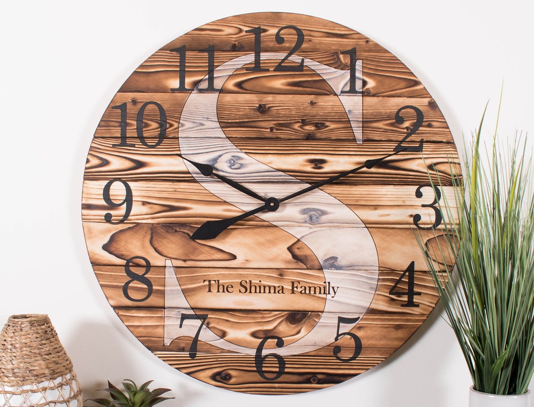 Large Handmade Monogram Wall Clock, Gift for Anniversary, Wedding Gift, Rustic Family Name Wall ...