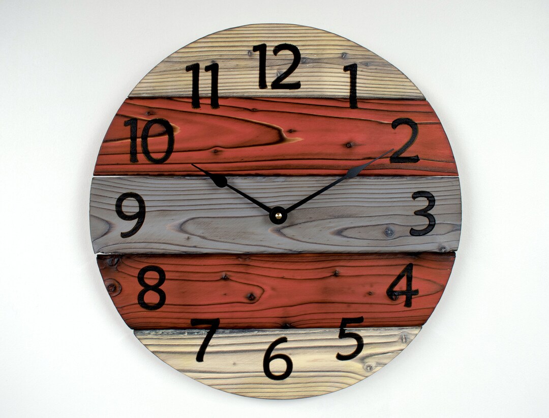 Handmade Wood Wall Clock, 12" to 30", Red Yellow Gray Rustic Clock ...