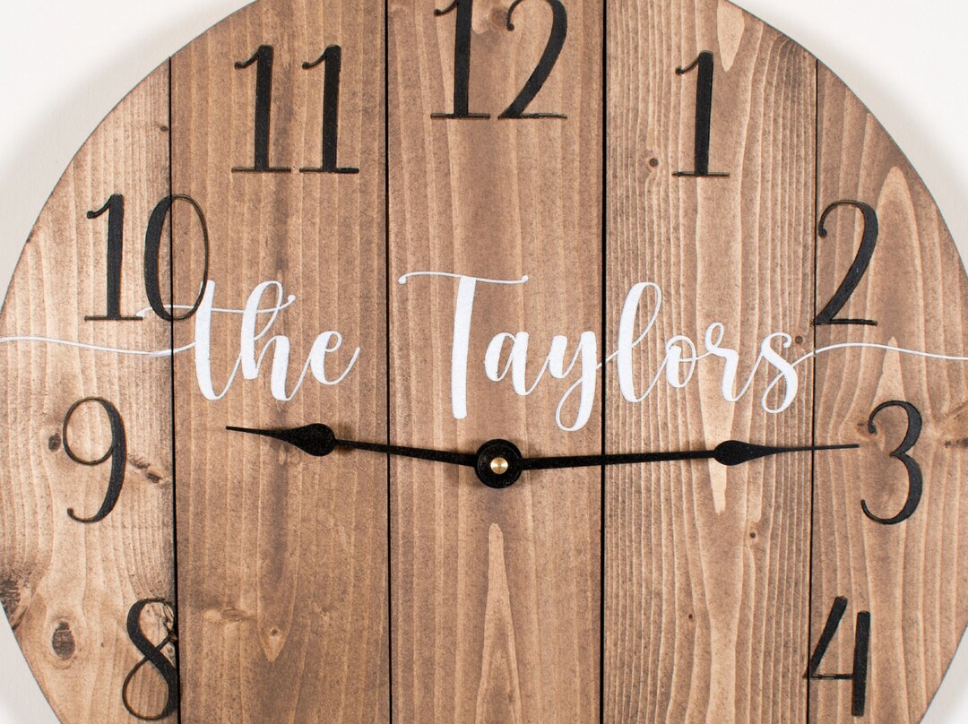 Family Name Wood Wall Clock, Cursive Wall Clock, Personalized Farmhouse ...
