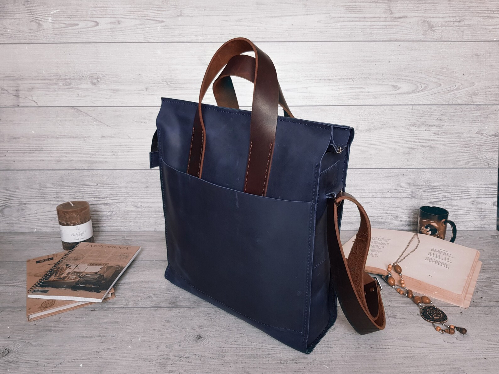 Leather Tote Bag With Pockets Zippered Tote Bag Leather - Etsy